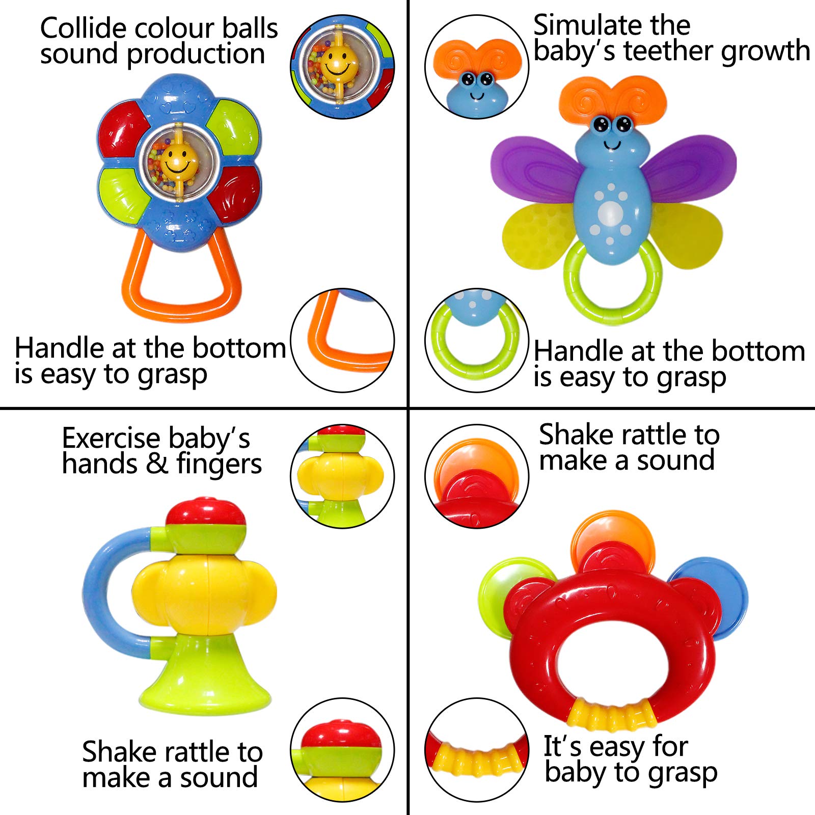 Rattle Teether Set Baby Toys - Happytime 13Pcs Shake Rattle Teethers Early Education Toys for Newborn Infant with Surprise Egg for 3 6 9 12 18Month