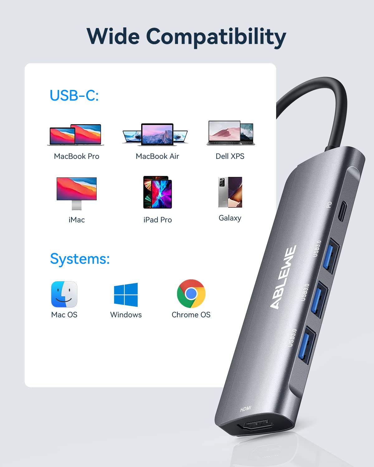 USB C Hub, ABLEWE USB C to HDMI Multiport Adapter, Thunderbolt 3 to HDMI Hub with 4K HDMI, 3*USB 3.0 and 100W PD Charging Adapter for MacBook Pro/Air 2020, iPad Pro/Chromebook/Pixelbook/XPS/Surface