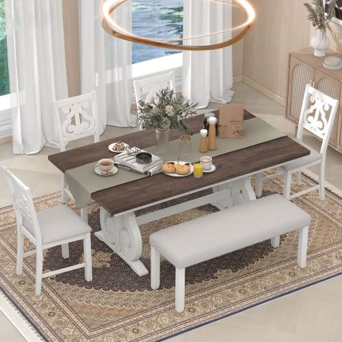 TREXM 6-Piece Wooden Dining Table Set, Farmhouse Rectangular Dining Table, Four Chairs with Exquisitely Designed Hollow Chair Back and Bench for Home Dining Room (Gray+White) (Brown+White)