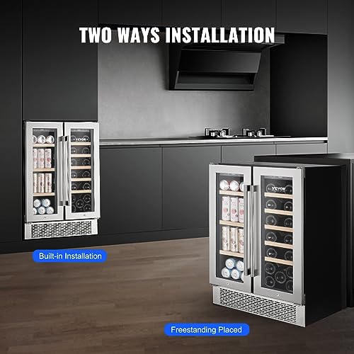 VEVOR Cooler Dual-Zone Beverage Refrigerator Built-in or Freestanding Wine Fridge & Blue LED Light, Tempered Glass Doors, Child Lock for Drink Soda, 81 Cans and 20 Bottles, Black, Silver