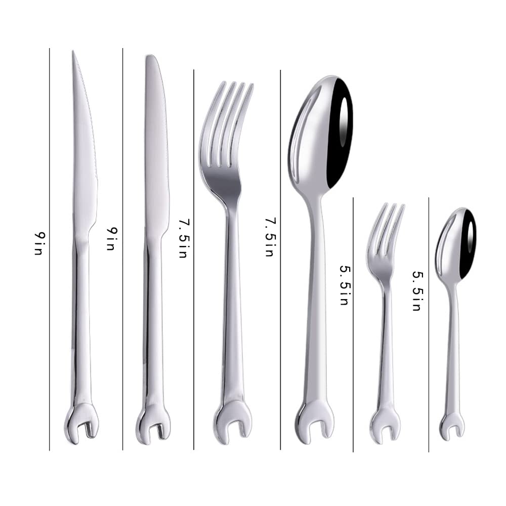 Silverware Set 6 Pcs, Stainless Steel Wrench Handle Flatware Set Forks and Spoons Set Durable Food-Grade Serving Cutlery set Tableware Eating Utensils(Silver)