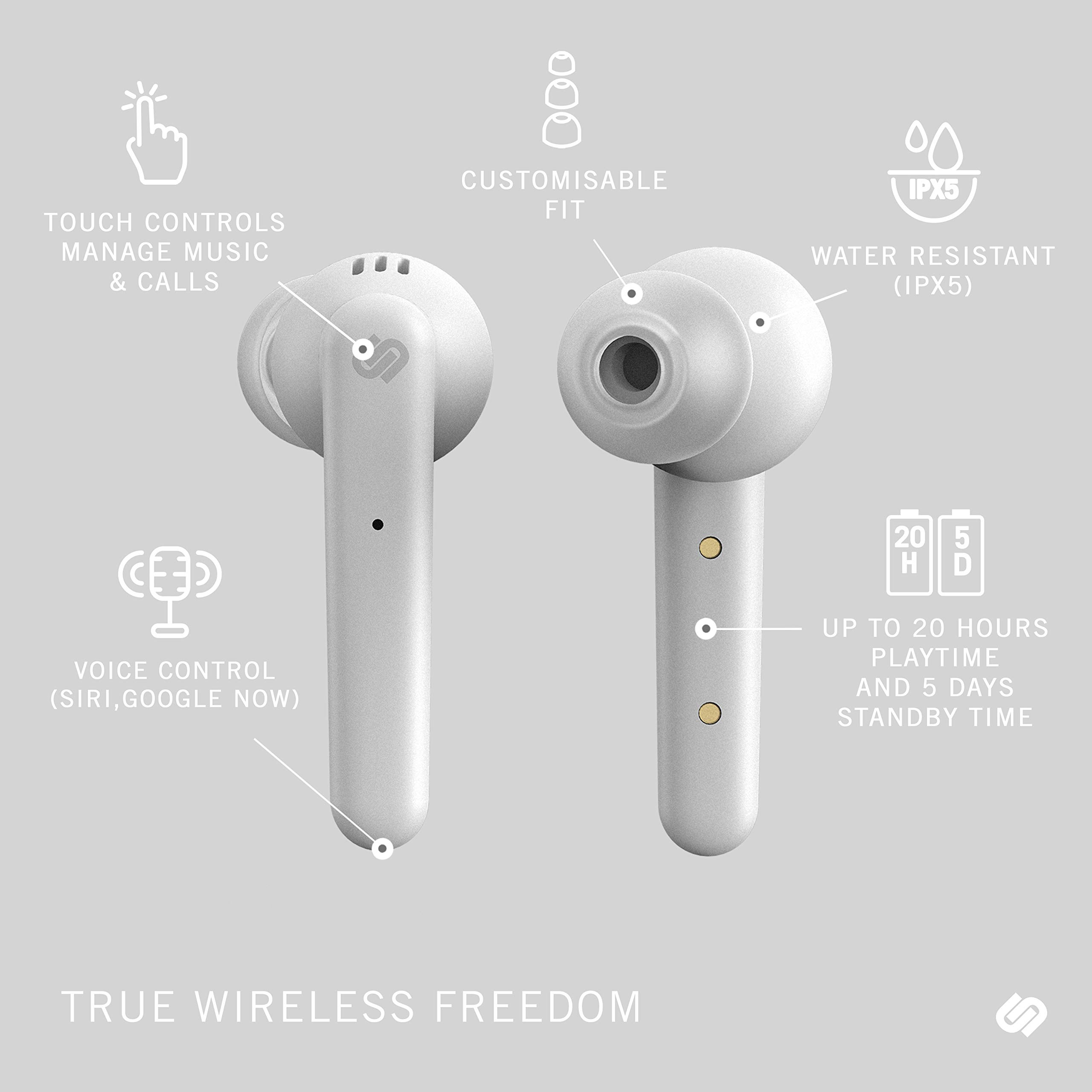 Urbanista True Wireless Earphones 20H Playtime Wireless Charging Case and Bluetooth 5.0, Noise Cancelling Earphones with Touch Controls + Built-in Mic, Compatible with Android and iOS β Paris, White