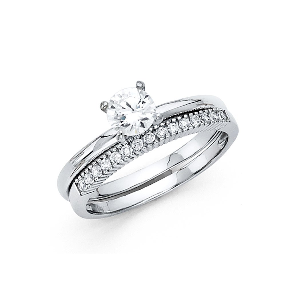Sonia Jewels 14k White Gold Round Cubic Zirconia CZ Wedding Band and Engagement Bridal Ring Two Piece Set Size 7.5