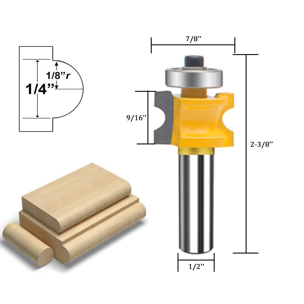 TAIWAIN 5PCS Router Bit Set 1/2 Inch Shank Woodworking Cutter, Half Round Bearing Bullnose Milling Cutter Bits, Carbide Tipped Round Edge Cutting Ball Blade Radius 1/8" 3/16" 1/4" 5/16" 3/8" (E-S04)