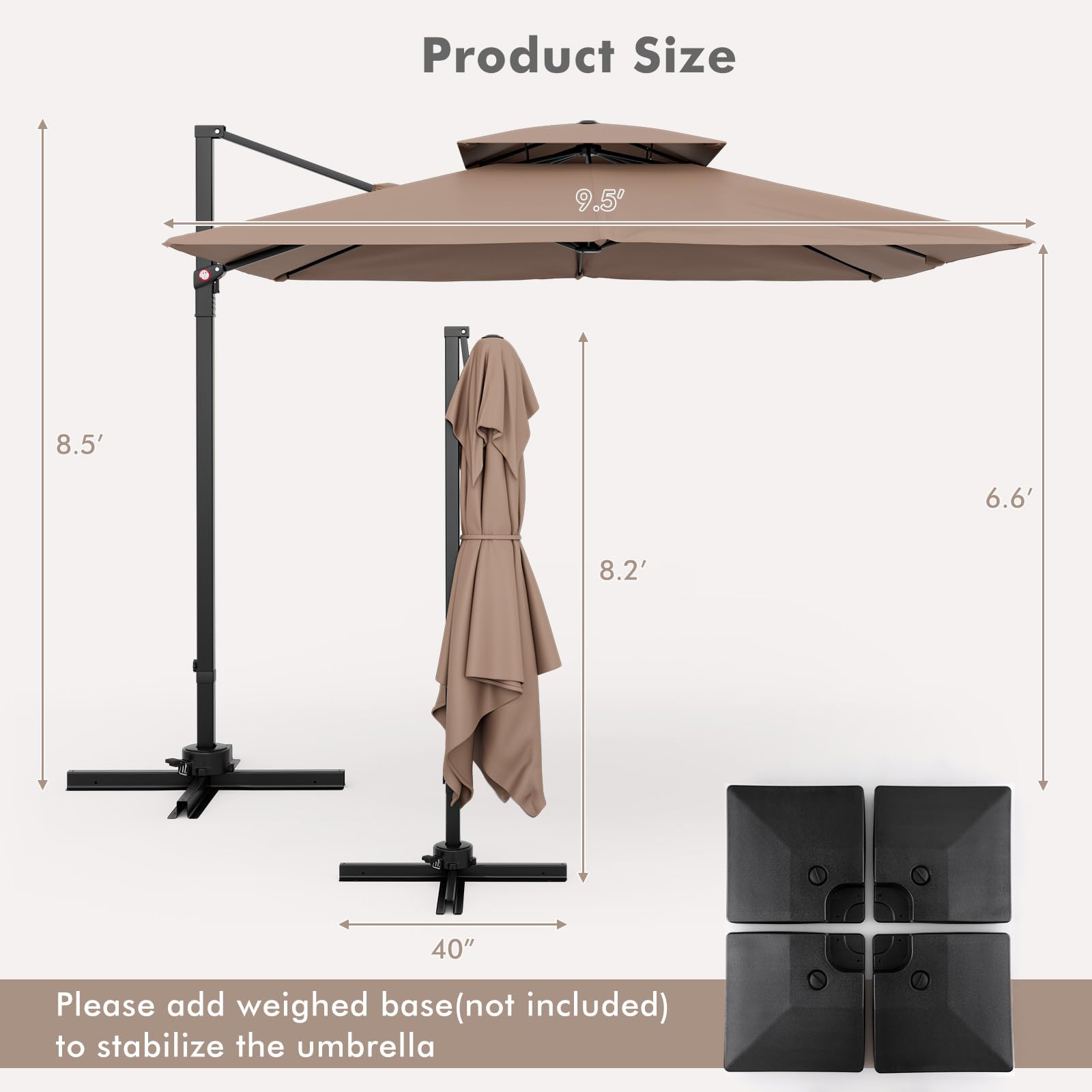 Tangkula 9.5 FT Cantilever Patio Umbrella, Outdoor Square Offset Umbrella with 360癛otation, Double Top Heavy Duty Patio Hanging Umbrella with Cross Base for Garden Deck Pool Backyard (Navy)