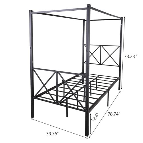 Twin Size Metal Canopy Bed Frame, Platform Bed Frame with X Shaped Frame Black