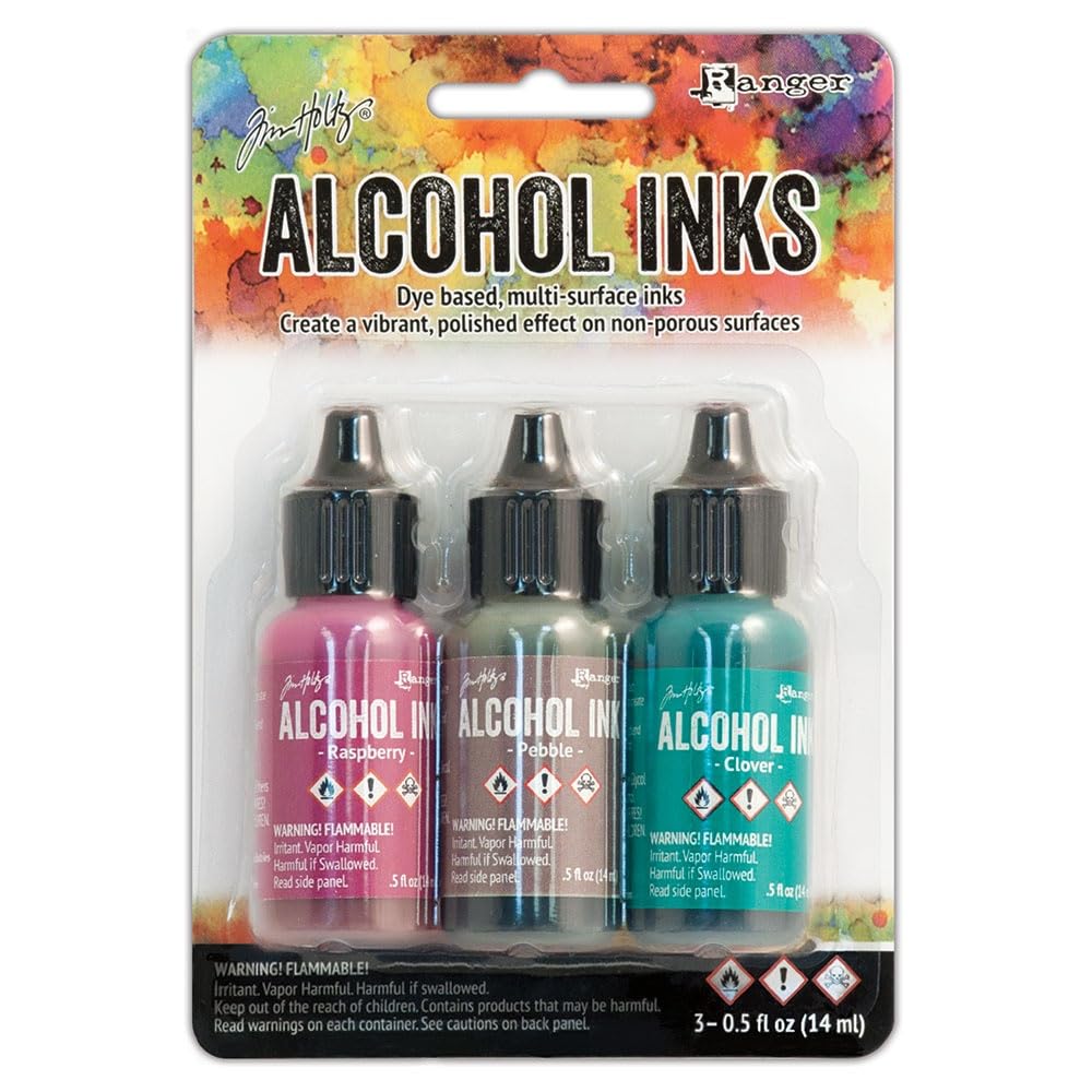 Ranger Tim Holtz Alcohol Ink .5oz 3/Pkg, Valley Trail-Raspberry/Pebble/Clover, 5.75 x 3.88 x 1