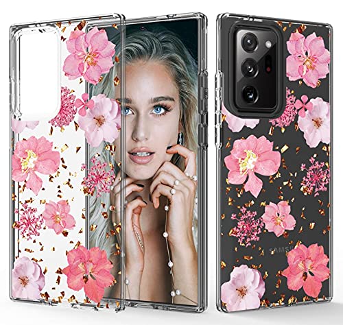 ShinyMax Galaxy Note 20 Ultra Clear Case with Floral Design,Samsung Note 20 Ultra Phone Case,Hybrid Dual Layer Armor Protective Cover Sturdy Anti-Scratch Shockproof Case for Women & Girls-Pink Flowers
