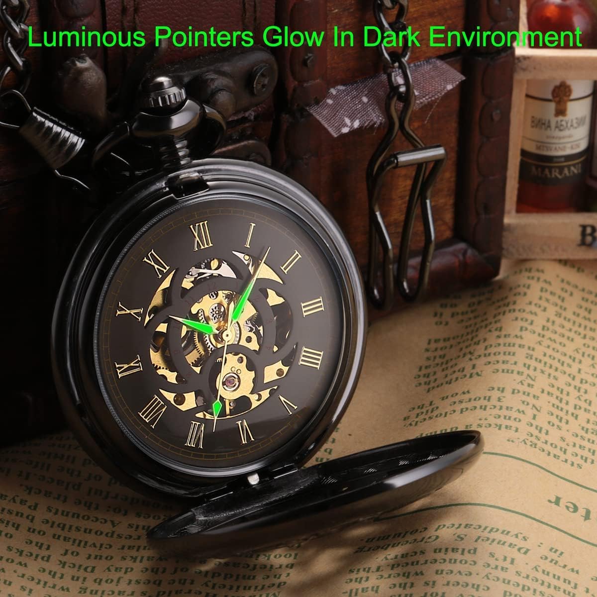 SIBOSUN Mechanical Pocket Watches Mens Lucky Phoenix and Dragon Skeleton Pocket Watch Black Antique Roman Numerals Box