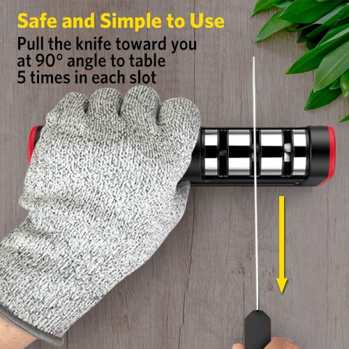 Upgraded Kitchen Knife Sharpener, Ulwae 3-Stage Knife Sharpener to Restore Non-Serrated Knife Blades Quickly, Safely, and Easy to Use for Kitchen, Camping, Hiking and Household Use Red-Black