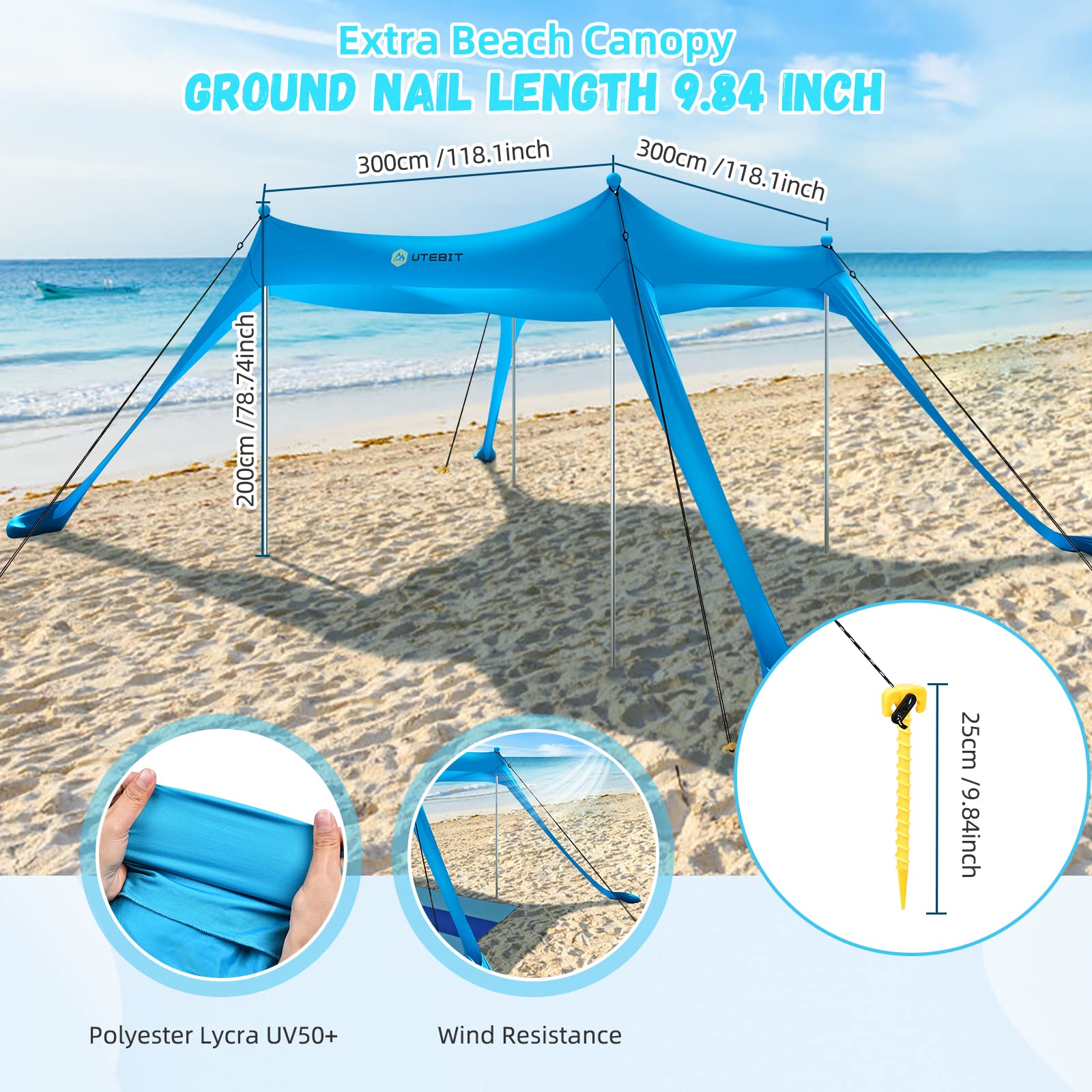 UTEBIT Beach Tent Pop Up Shade with Beach Mat, UPF50+ 10X10 FT Beach Tent Sun Shelter (4-8 Adults) with Sand Shovel, Ground Pegs and 4 Stability Poles, 4 Support Ropes, ect..