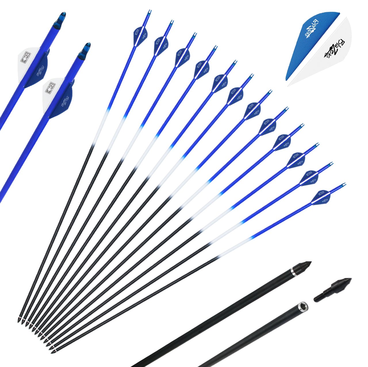 SinoArt 30-Inch Carbon Arrows 2" Blazer Vane 7.8mm Shaft Removable with Field Points Replaceable Tips for Recuve & Compound Bow (Pack of 12)