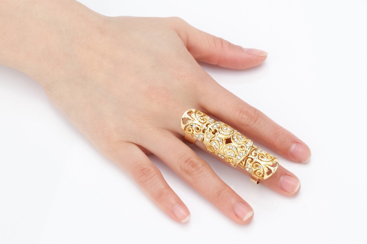 Szxc Jewelry Women's Crystal Double Full Finger Armor Knuckle Ring Adjustable