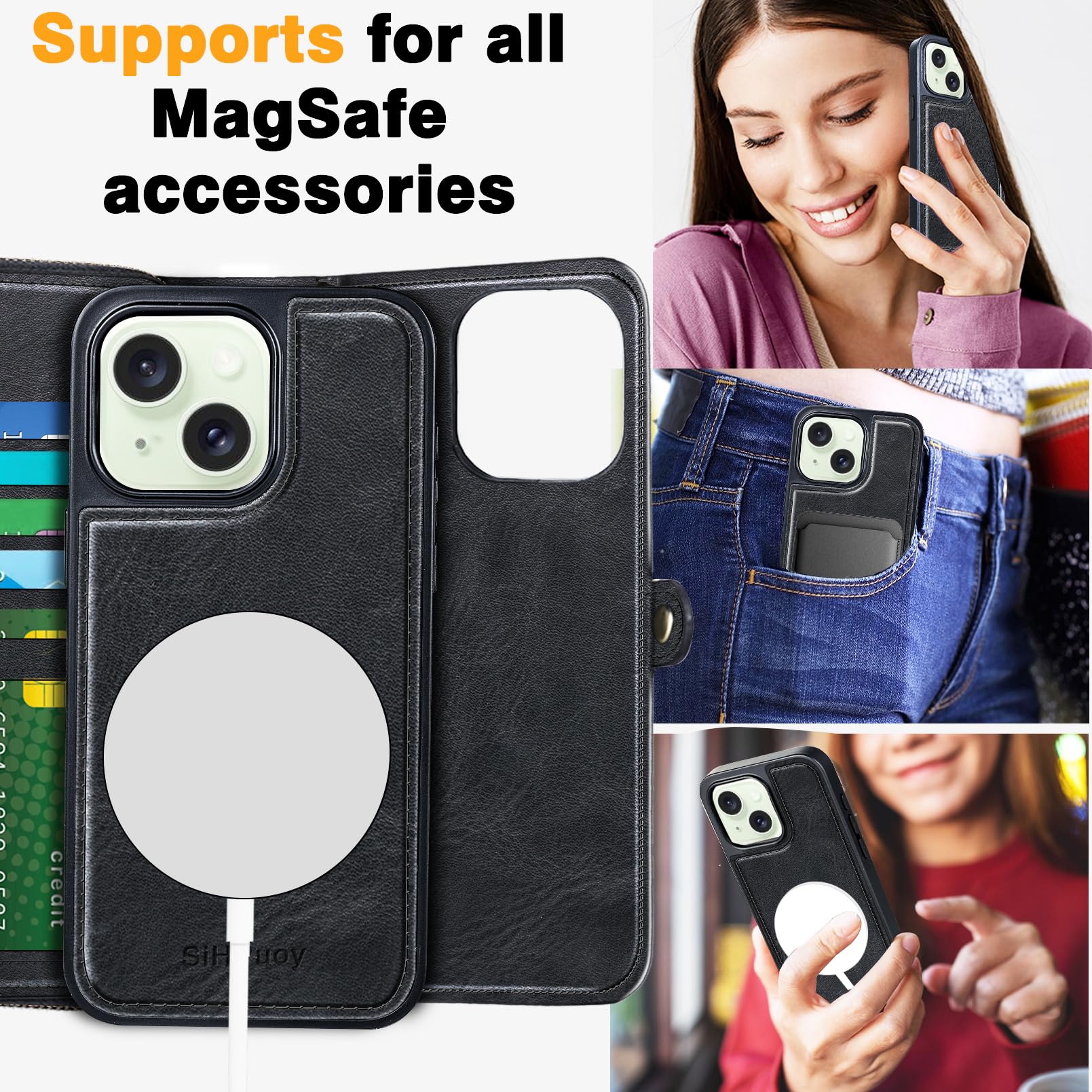 SiHPuoy Leather for Apple iPhone 15 Plus Wallet Case with Card Holder Kickstand, Phone Accessories for Woman Men Women, 2 Pack Screen Protector 2 Pack Camera Lens Cover, Black