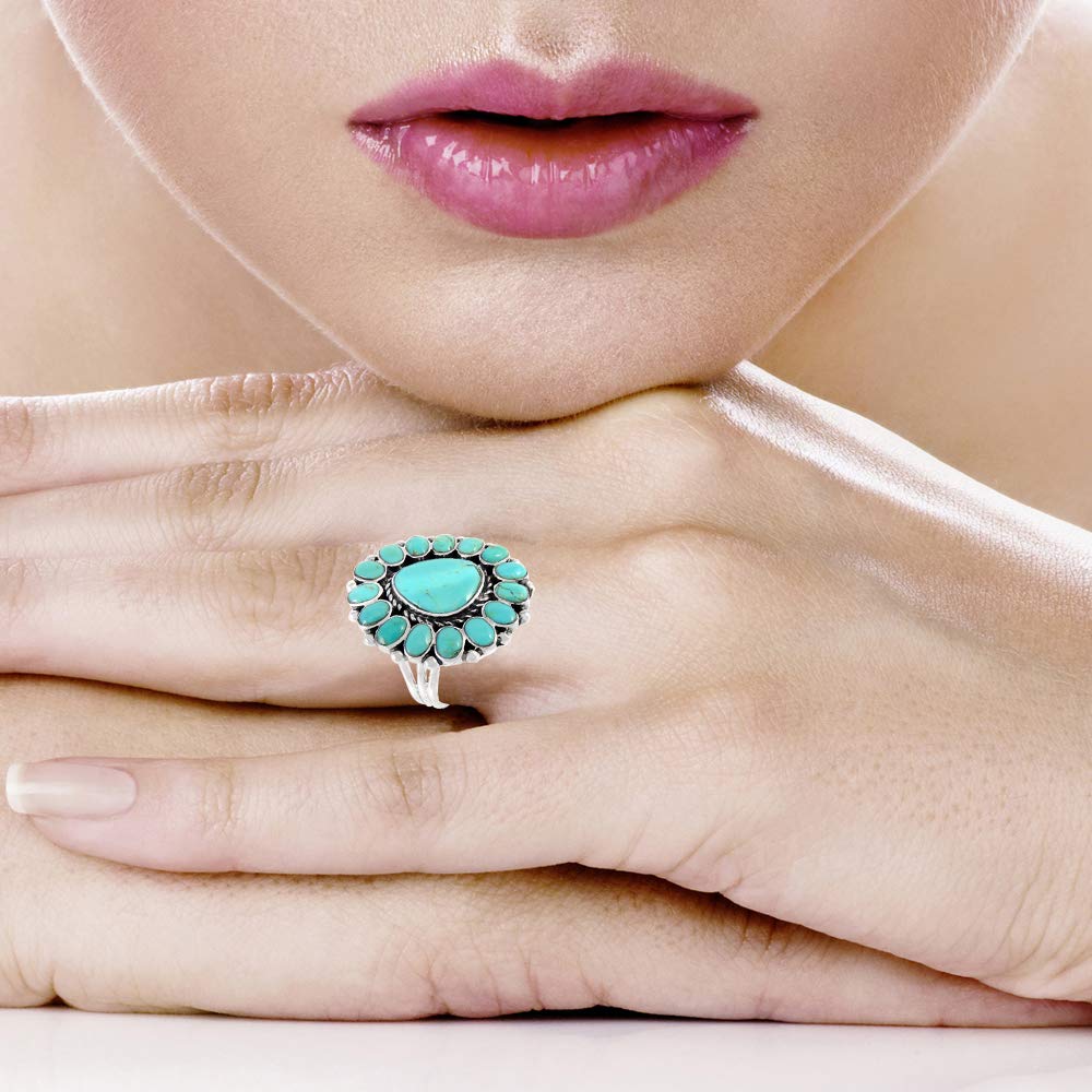 Turquoise Ring Sterling Silver 925 Genuine Gemstones Southwest Style (Turquoise, 9)
