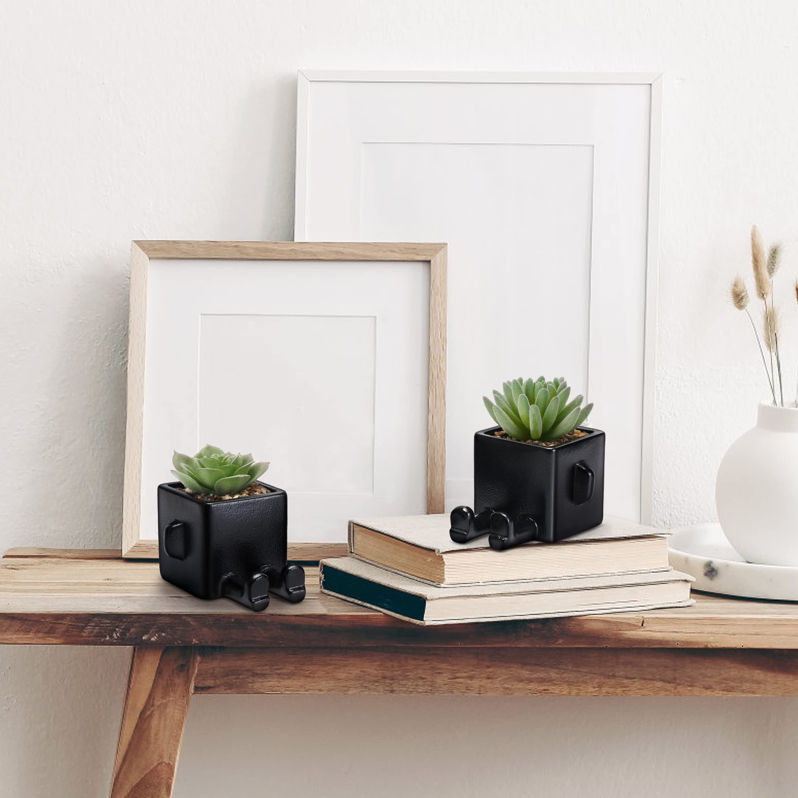WOODWORD Desk Plant Fake Succulents in Black Modern Human Shaped Ceramic Pots Desk Decor for Office Plants Decor for Table Shelf Centerpieces, Cute Fake Plants Bathroom Decor 2pcs
