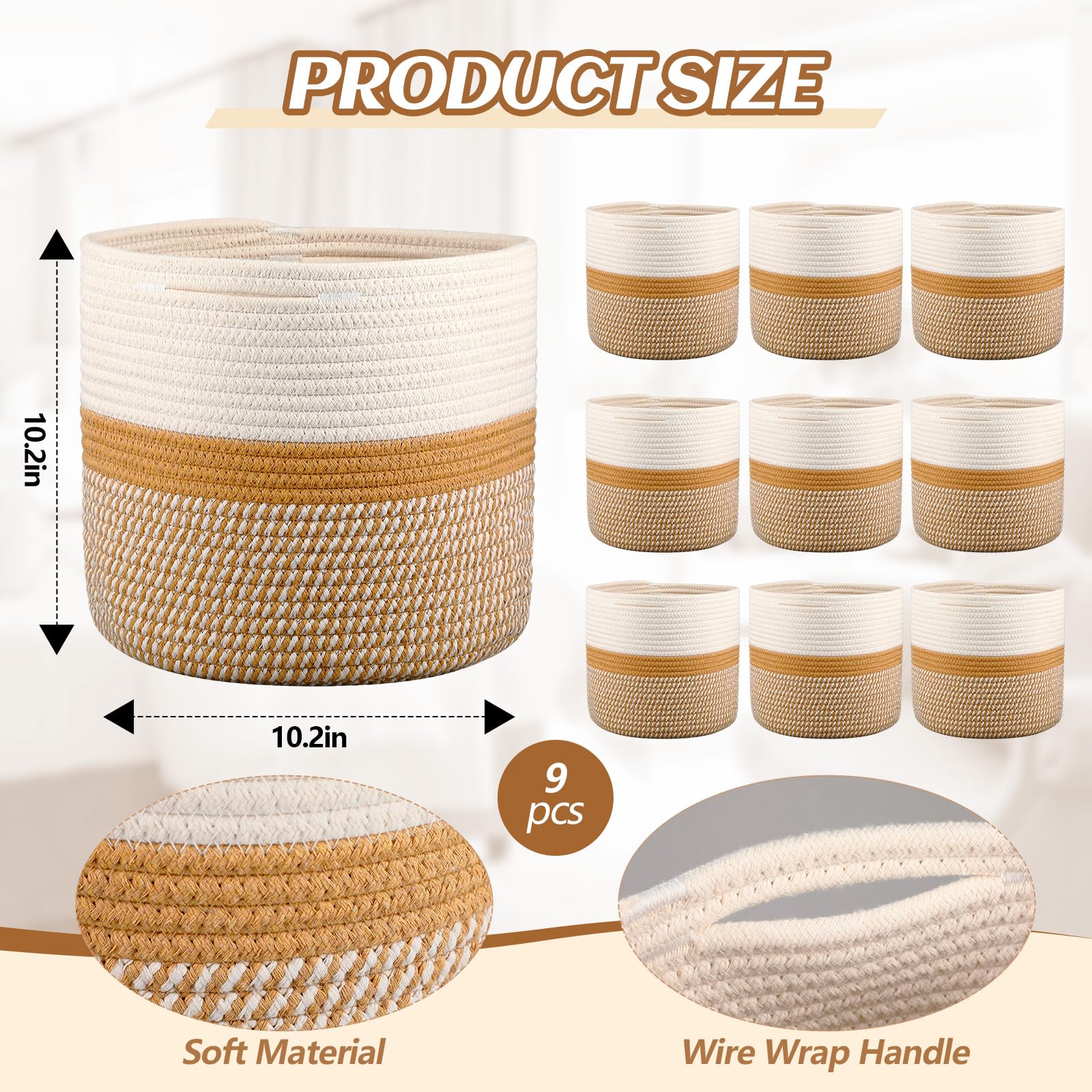 Thyle 9 Pcs Woven Cotton Rope Basket Bulk Storage Cubes Baskets Bins with Handles 10.2 x 10.2 x 10.2'' Round Organizer Bins Cute Toy Basket for Cube Storage Organizer Shelves Clothes Towels