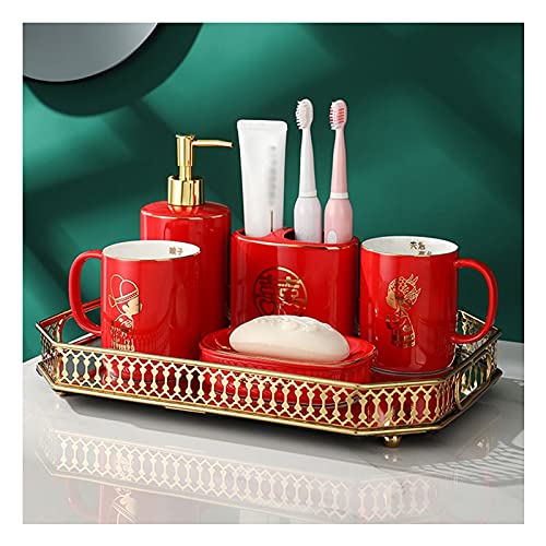Soap Dispenser Bathroom Accessories Ceramic Set Complete 6 Piece Red - Bath Decor Kit Includes Soap Dispenser Toothbrush Holder Tumbler Soap Dish and Tray, For Wedding Soap Dispenser for Bathroom Kitc