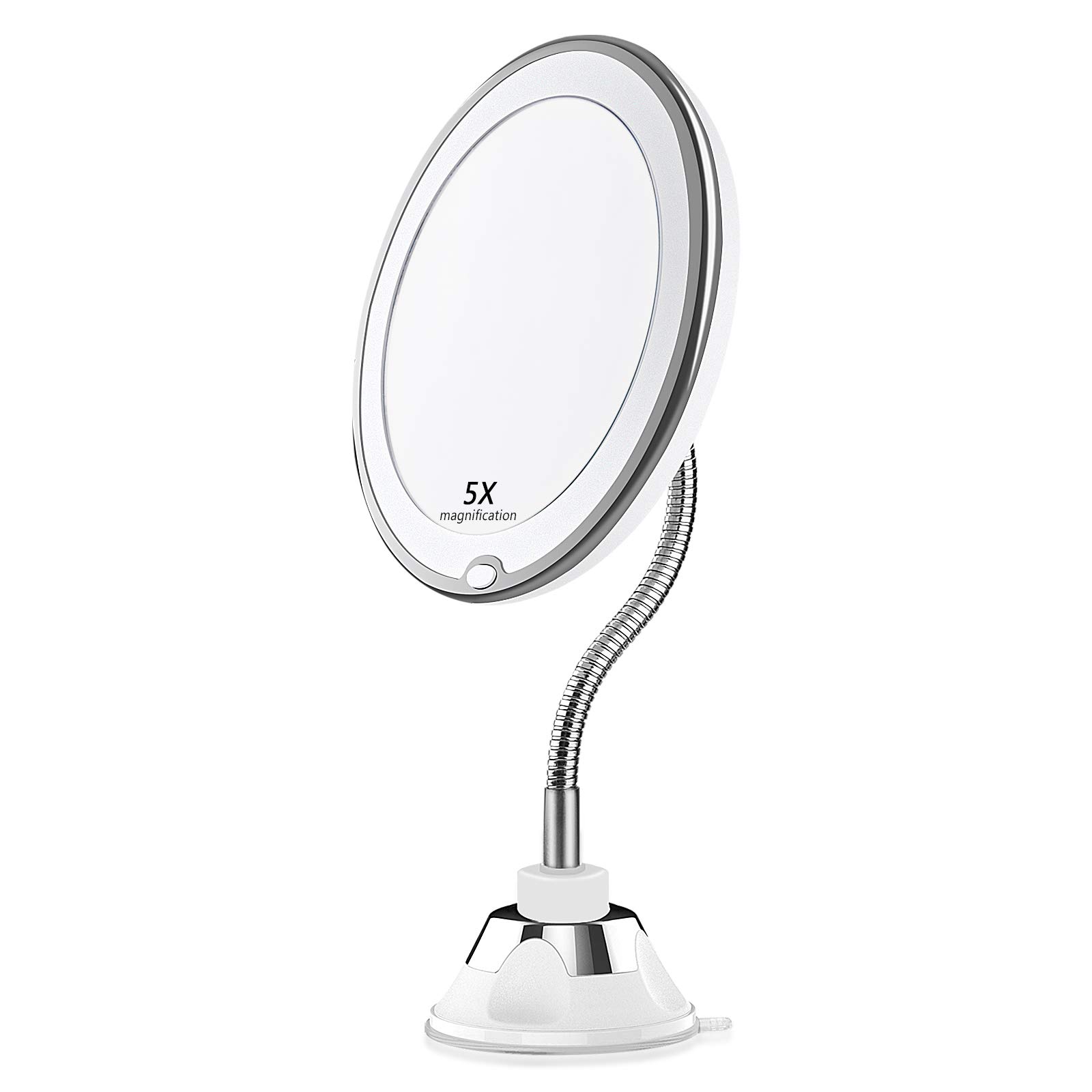 Ursulan 5X Magnifying Makeup Mirror Adjustable Flexible Gooseneck LED Light Bathroom Vanity Mirror with Glue Pad Suction Cup 360 Degree Swivel Perfect for Wall Mounted