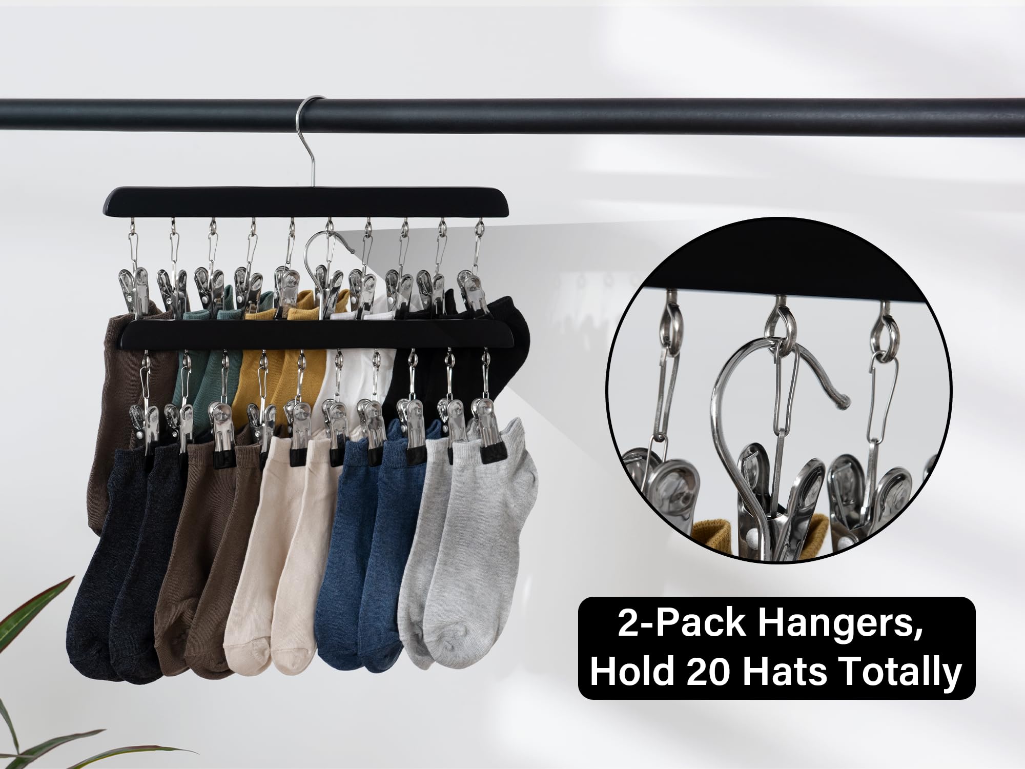 StorageWorks Hat Organizer, Hat Storage for Closet, Hat Racks for Baseball Caps, Set of 2 Cap Organizer with 10 Adjustable Stainless Steel Clips, Fits All Caps, Black