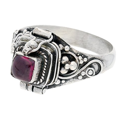Sterling Silver Square Garnet Poison Locket Box Ring Size 8(Sizes 4,5,6,7,8,9,10,11)