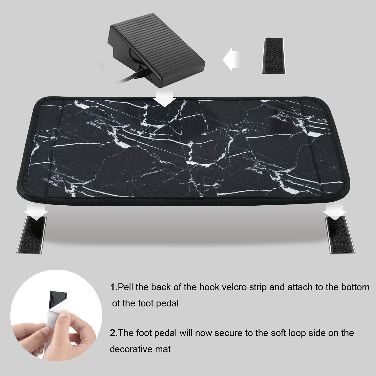 Sewing Machine Foot Pedal Pad Stay in Place Mat, Non Slip Rubber and Hook and Loop Pad to Keep Foot Pedal Steady on Hard Floor Carpet, Piano Pedal,12βx7β, 1/5β Thick (Black+White)