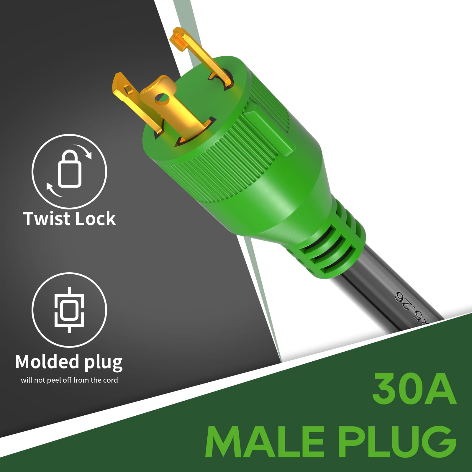 RVGUARD 3 Prong 30 Amp to 30 Amp RV Generator Adapter Cord 12 Inch STW 10/3, L5-30P Locking Male Plug to TT-30R Female with LED Power Indicator, Green