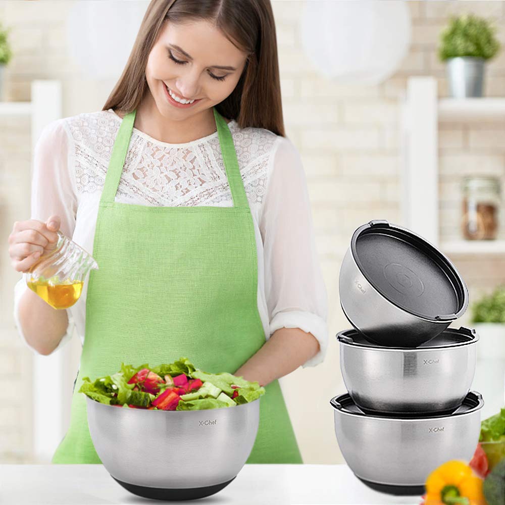 X-Chef Stainless Steel Bowls with Lids, Mixing Storage Bowl Set of 5 with Measurement, Stackable & Non-slip (1, 2, 2.5, 3.5, 4.5 QT)