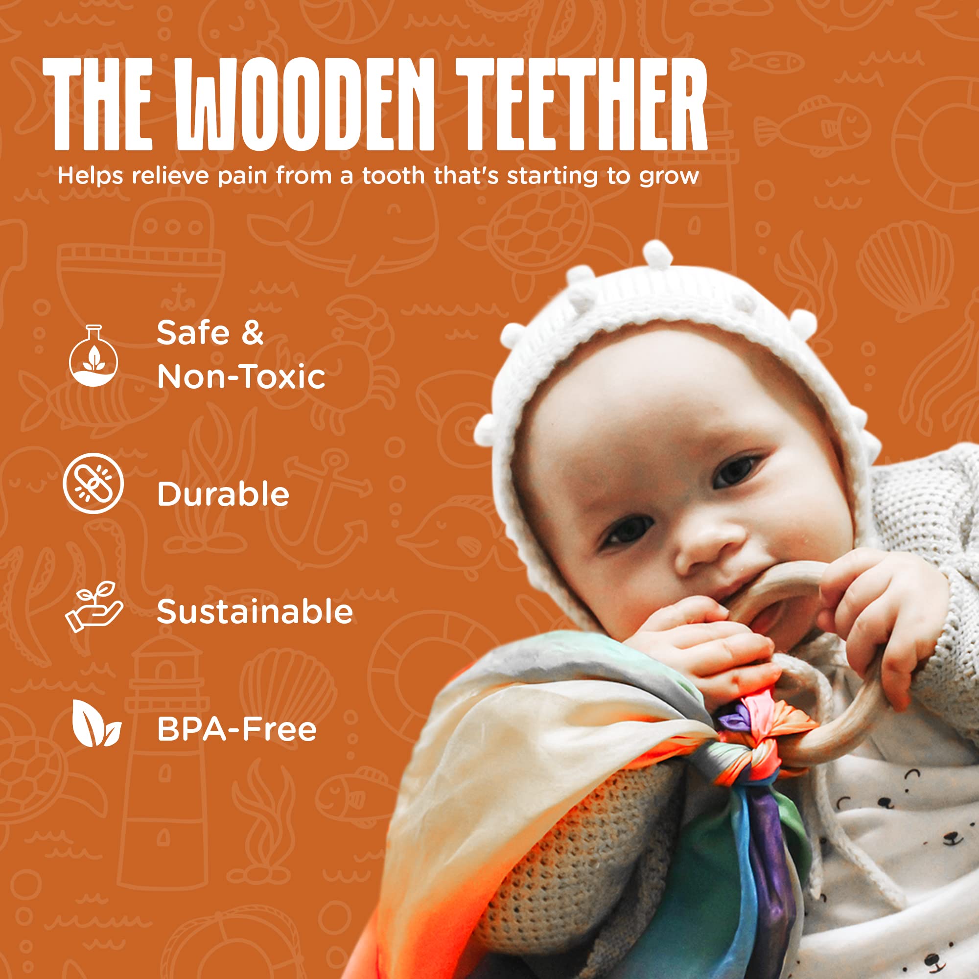 Walnut Tree - Maple Wood Teething Rings, Natural Wooden Teething Ring, Handcrafted Baby Teether, Plastic & Lead-Free Teething Ring, Baby Teether Toys, 3 Inches, Set of 2