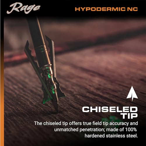 Rage Hypodermic NC 2-Blade 100gr Hunting Broadhead (R38100), Hybrid Tip, No Collar Blade Lock.035β Thick Swept-Back Angled Blades with a 2β Cutting Diameter, Machined Stainless Steel Ferrule, 3-Pack