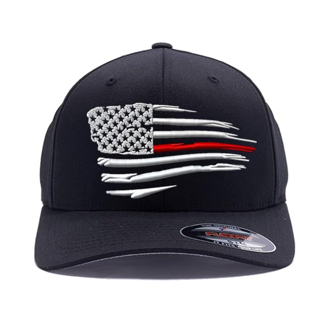 Thin Red Line and Thin Blue line Waving USA Flag. Embroidered, Flex fit 6280 Wooly Combed Twill Cap hat (Black - Blue Line, S/M)
