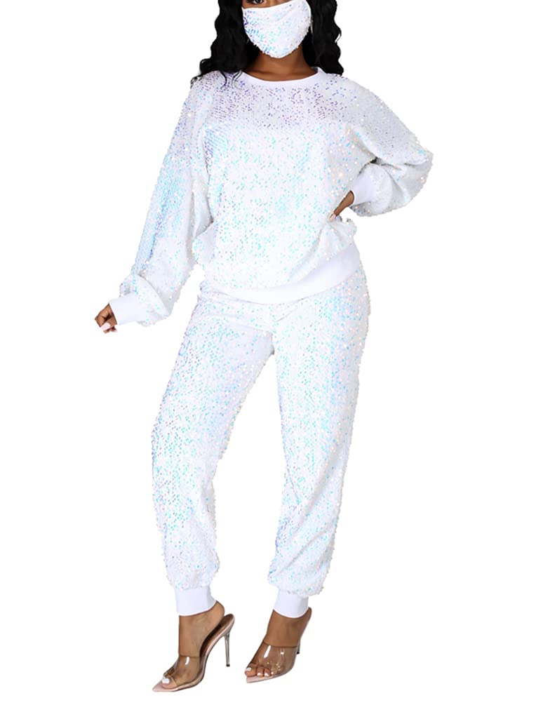 THLAI Women Plus Size 2 Piece Outfits Glitter Sequins Sweatshirt and Pants Set Metallic Shiny Clubwear with Mask S-5XL