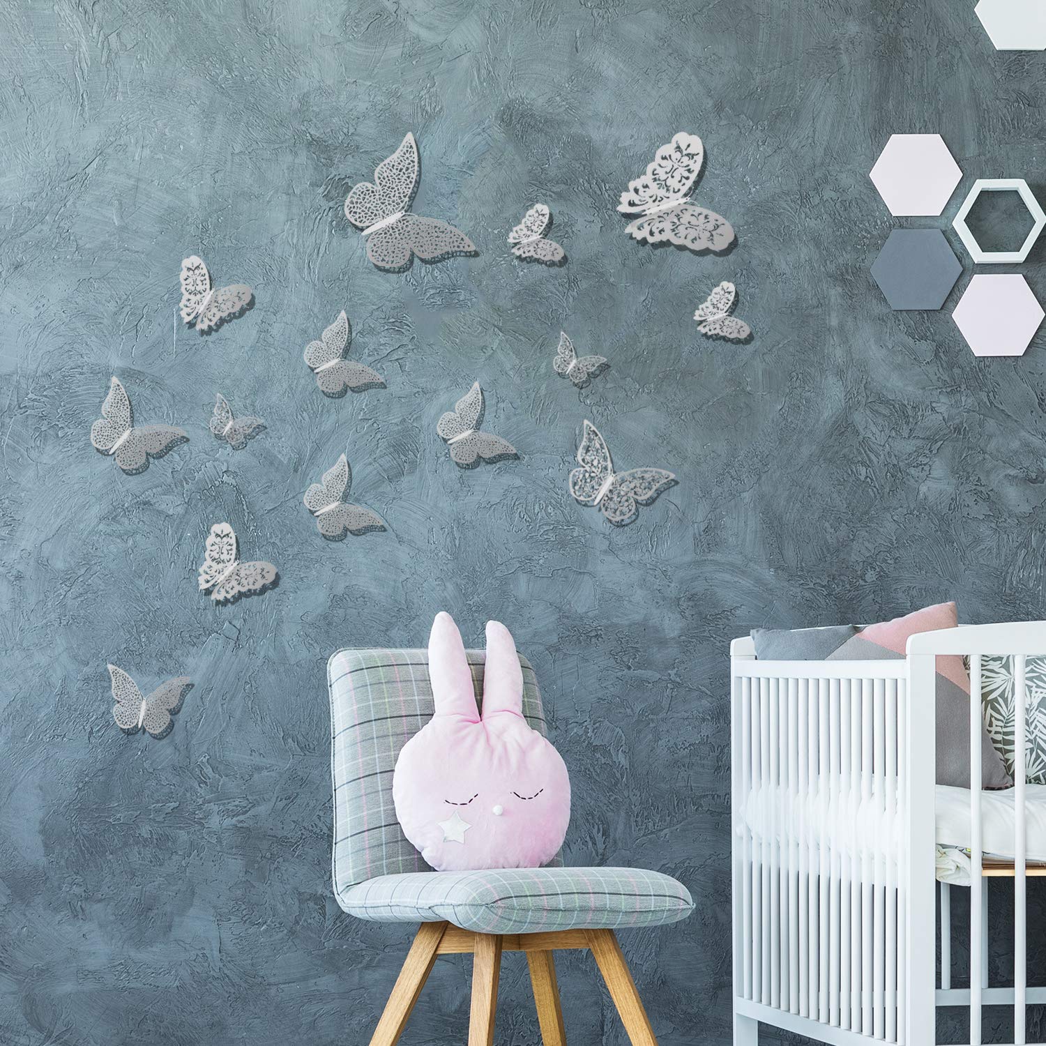 Senkary 72 Pieces (3 Sizes 3 Styles) Silver 3D Butterfly Wall Stickers Wall Decorations Removable Metallic Paper Decals for Home Kids Bedroom Nursery Decor