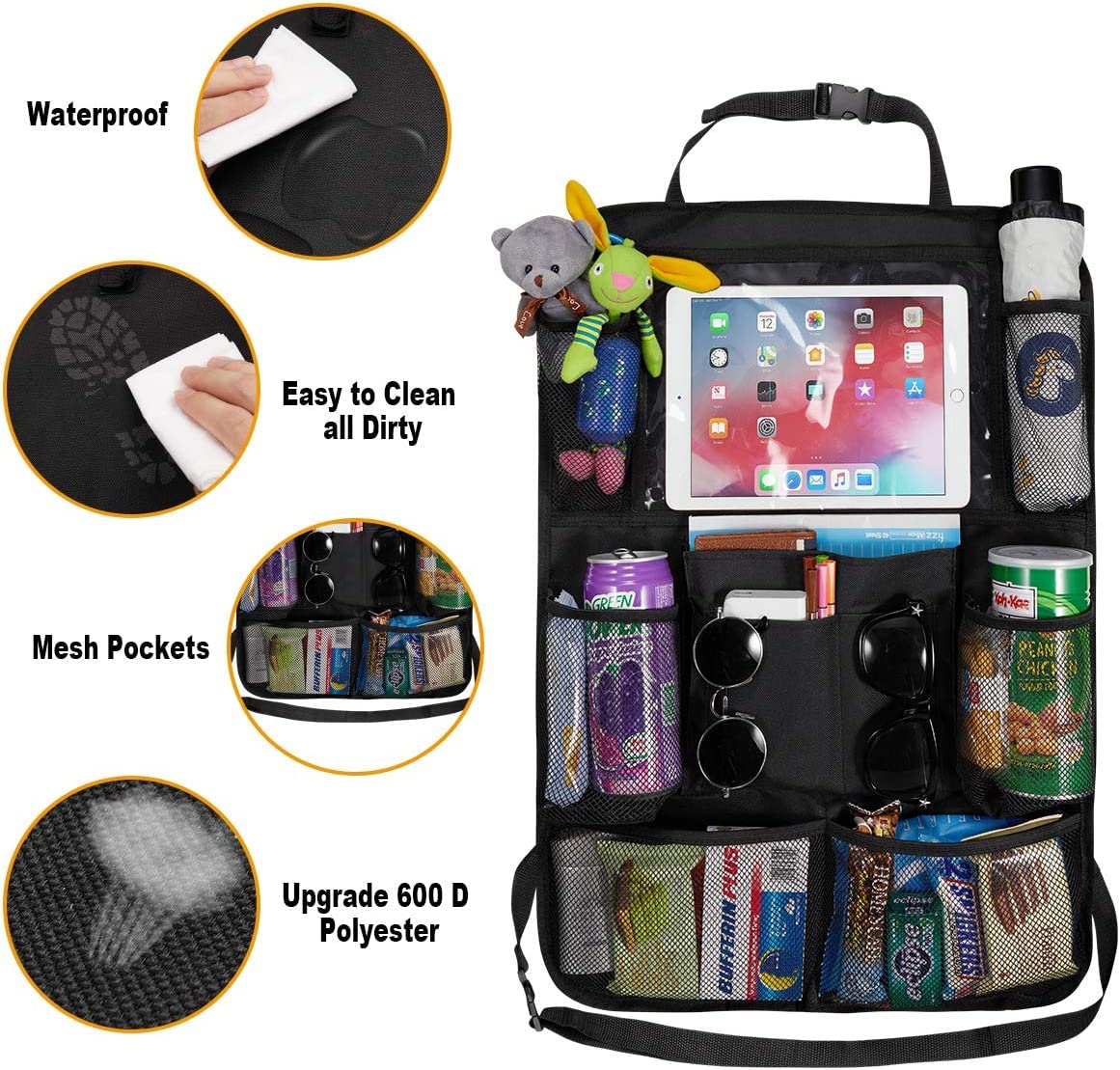 Reserwa Back Seat Car Organiser Step Mat Back Seat Storage Bag with Clear Display Tablet Holder and 9 Storage Pockets, Backrest Protector with USB/Headphone Slots