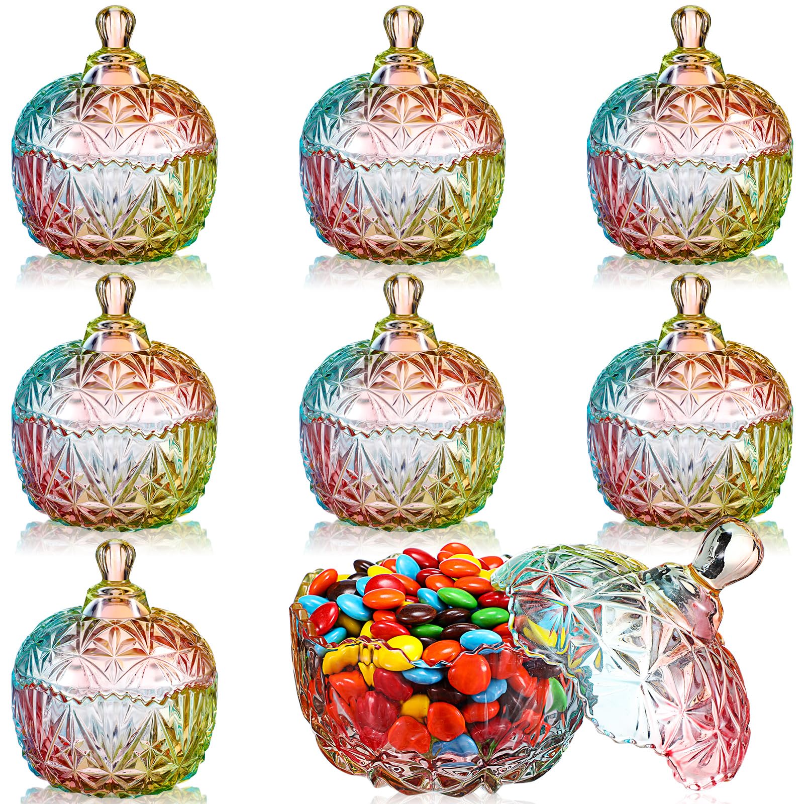 Tanlade 8 Pcs Glass Candy Jar with Lids Crystal Decorative Candy Dish Apothecary Jar with Lids Covered Candy Bowl Cute Jewelry Box Cookie Snack Jar for Home Party Wedding (Colored,Modern)
