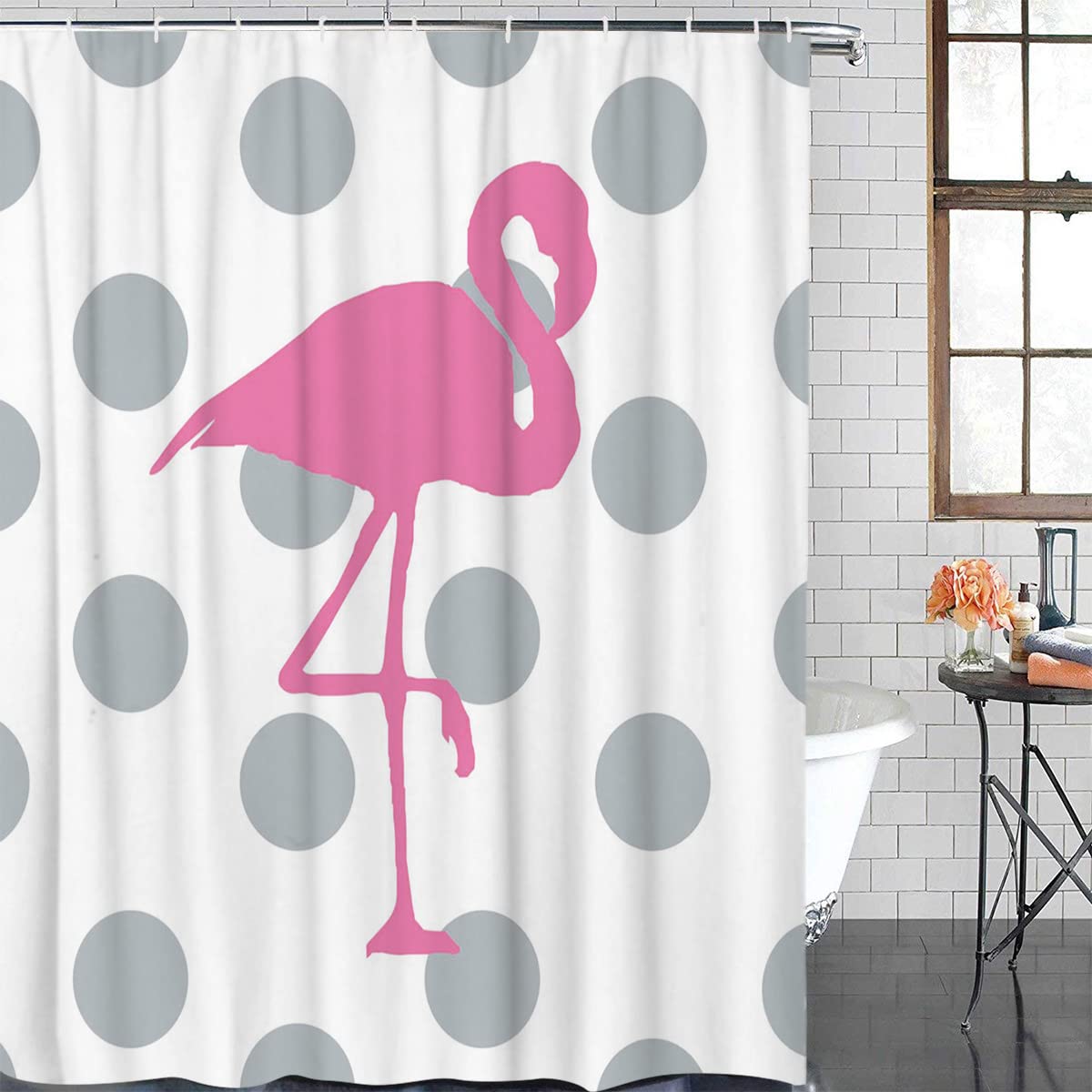 Shower Curtain Sets for Bathroom Decor with 12 Hooks, Simple Hand Painted Pink Flamingo Gary Dots 72x72 Inch Bath Curtain Washable Shower Curtain for Bathtub