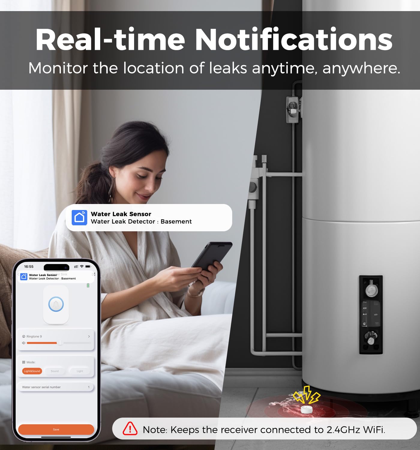 Smart Water Leak Detector,WiFi Water Sensor Alarm,110dB Adjustable Audio Alarm,IP65 Waterproof,4 Sensor Probes,32 Ringtones,app Control for Home,Kitchen,Bathroom,Basement