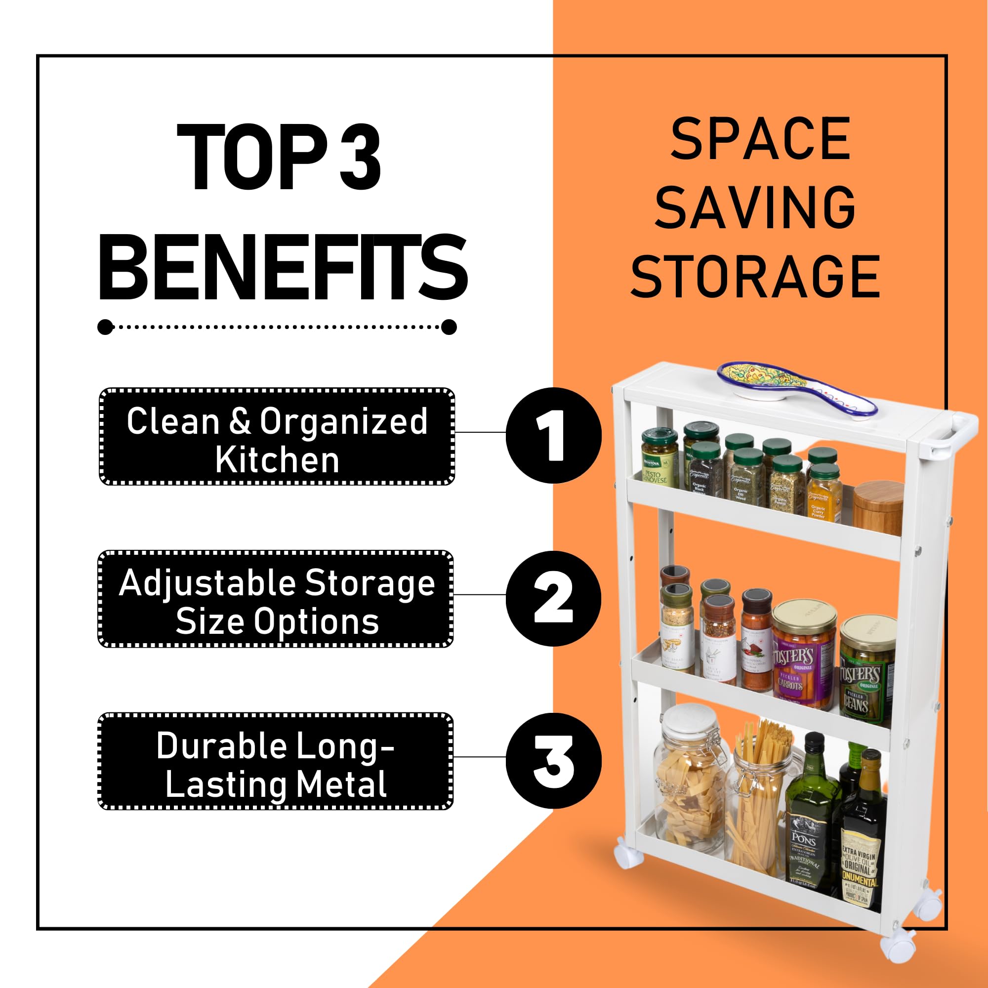 Slim Rolling Storage Cart with Wheels & Adjustable Shelving - Durable Metal Space-Saving 4 Tier Rolling Cart Ideal Kitchen - Narrow Bar Cart, Spice Rack, Utility Cart, Coffee Cart for Kitchen - WHITE