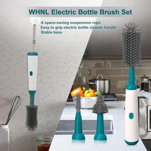 WHNL Electric Bottle Brush Set, 360°Automatic Bottle Cleaner Brush with 3 Sizes Replaceable Silicone Bottle Brush and Straw Cleaner Brush,Extension Handle for Long Bottles.IPX65& Rechargeable (Green)