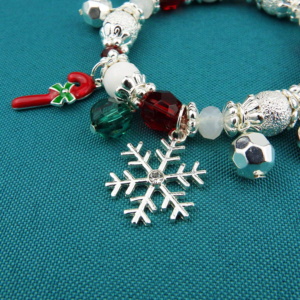 RareLove Christmas Snowflake Charm Beaded Bracelet Stretch Strand Elastic Crystal Silver Tone Dangle Xmas Tree Reindeer Women Girls Holiday Gift