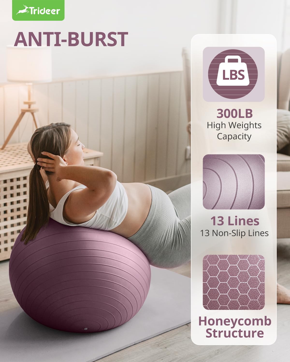 Trideer Yoga Ball - Exercise Ball for Workout pilates Stability - Anti-Burst and Slip Resistant for physical therapy, Birthing, Stretching & Core Workout, Office Ball Chair, Flexible Seating, Home Gym