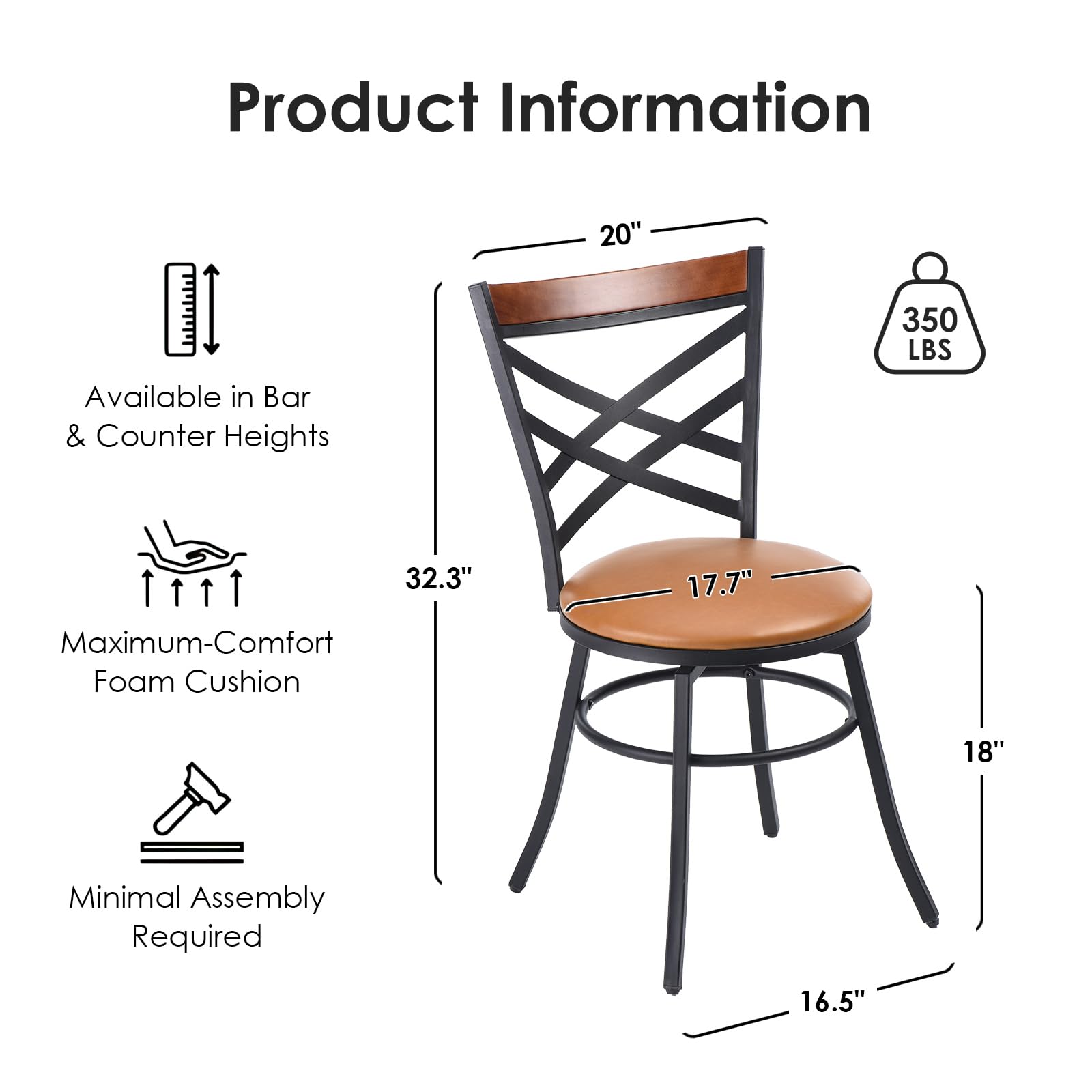 Soohow Upholstered Set of 2, Faux Leather Cushion Mid Century X Back Comfortable Swivel Room Retro Set,350LB,Whisky, Dining Chairs 2 PCS, Whiskey Brown