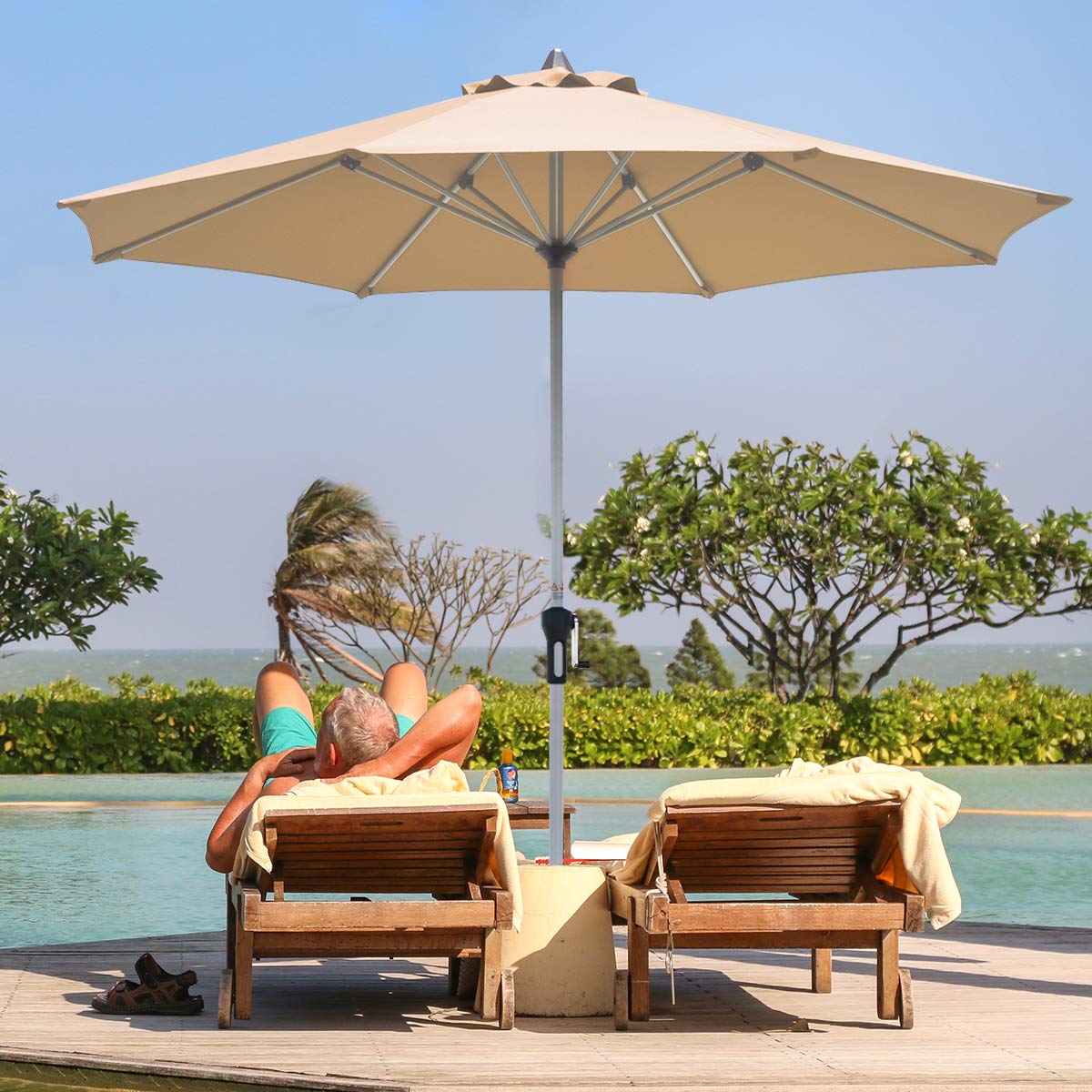 Tangkula 9 ft Patio Umbrella, Outdoor Market Table Umbrella with 1.5β Aluminum Pole, 8 Sturdy Ribs & Crank for Garden, Lawn, Deck, Backyard & Poolside (Beige)