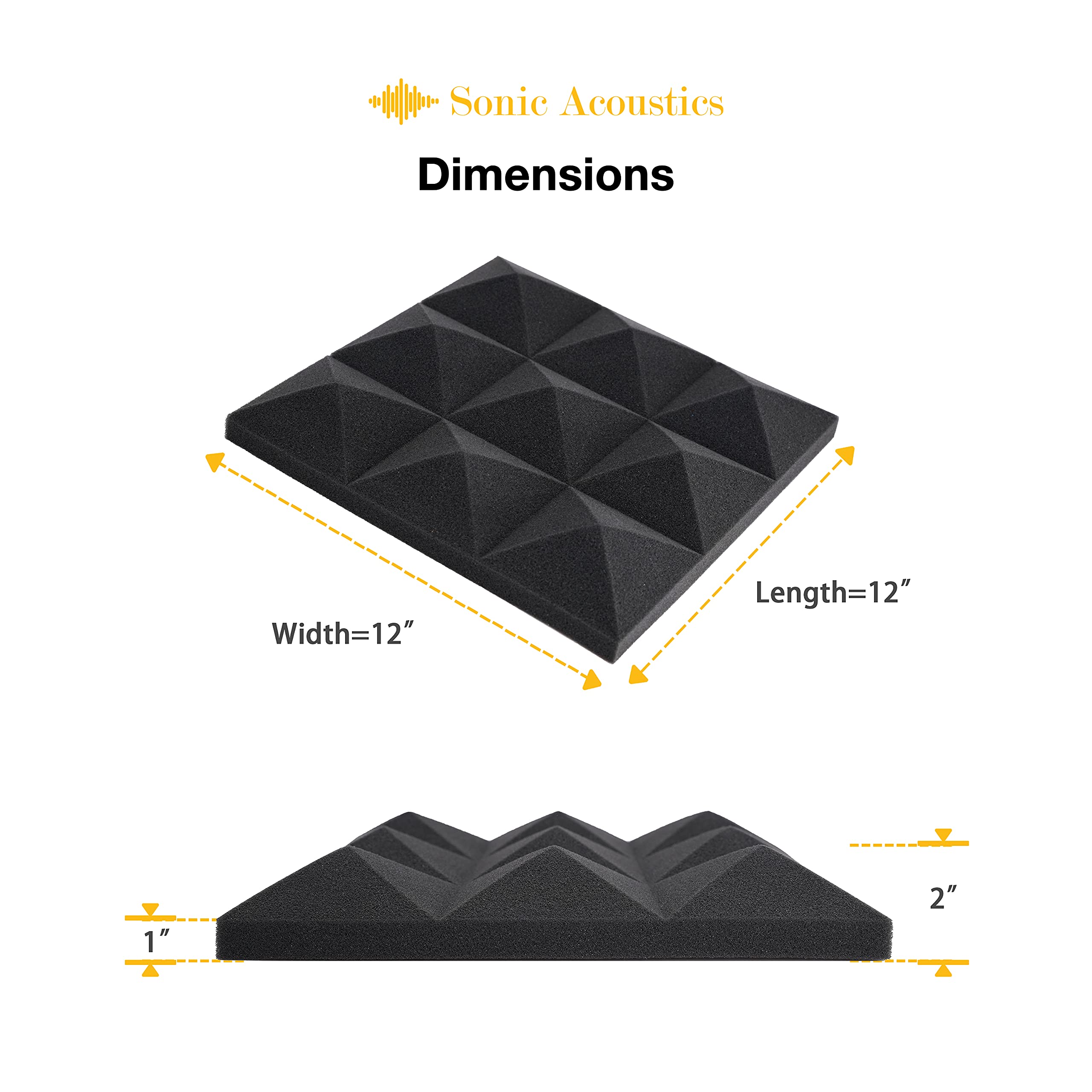 Sonic Acoustics 2" X 12" X 12" Acoustic Foam Panels, Pyramid Recording Studio Wedge Tiles, Sound Panels, Sound Absorbing Panel, Soundproofing Isolation Treatment for Walls (24 Pack, Black)