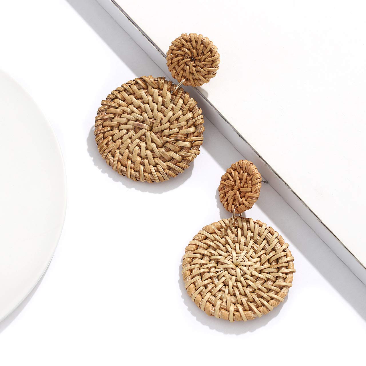 Rattan Earrings for Women Handmade Lightweight Wicker Straw Stud Earrings Statement Weaving Braid Drop Dangle Earring (Dark Rattan Disk)