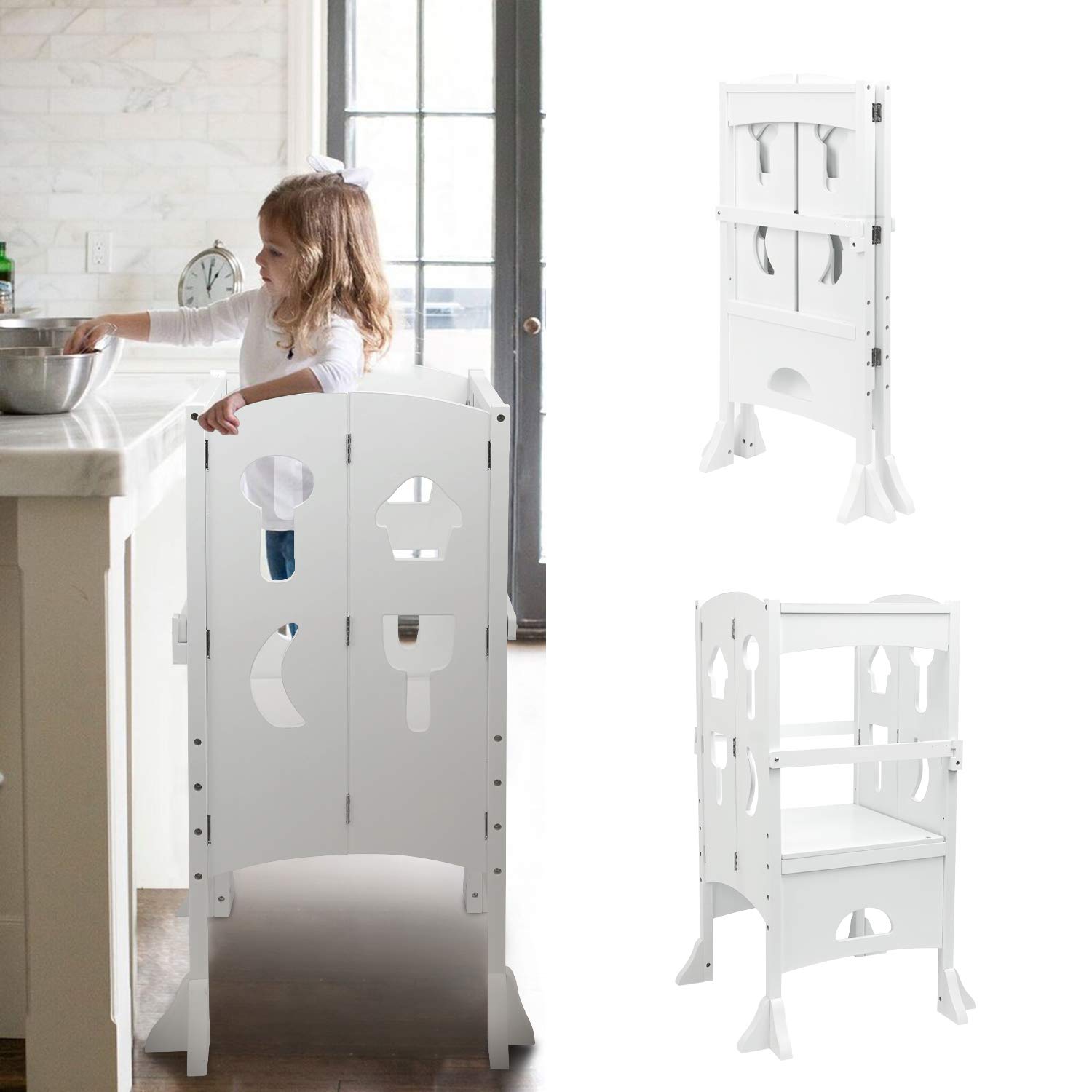 YOUNIS Wooden Kitchen Step Stool for Kids, Toddlers Collapsible Tower for Kids Folding Stool, No-Slip Design Kitchen Safety Cooking Standing Stool for Children - White