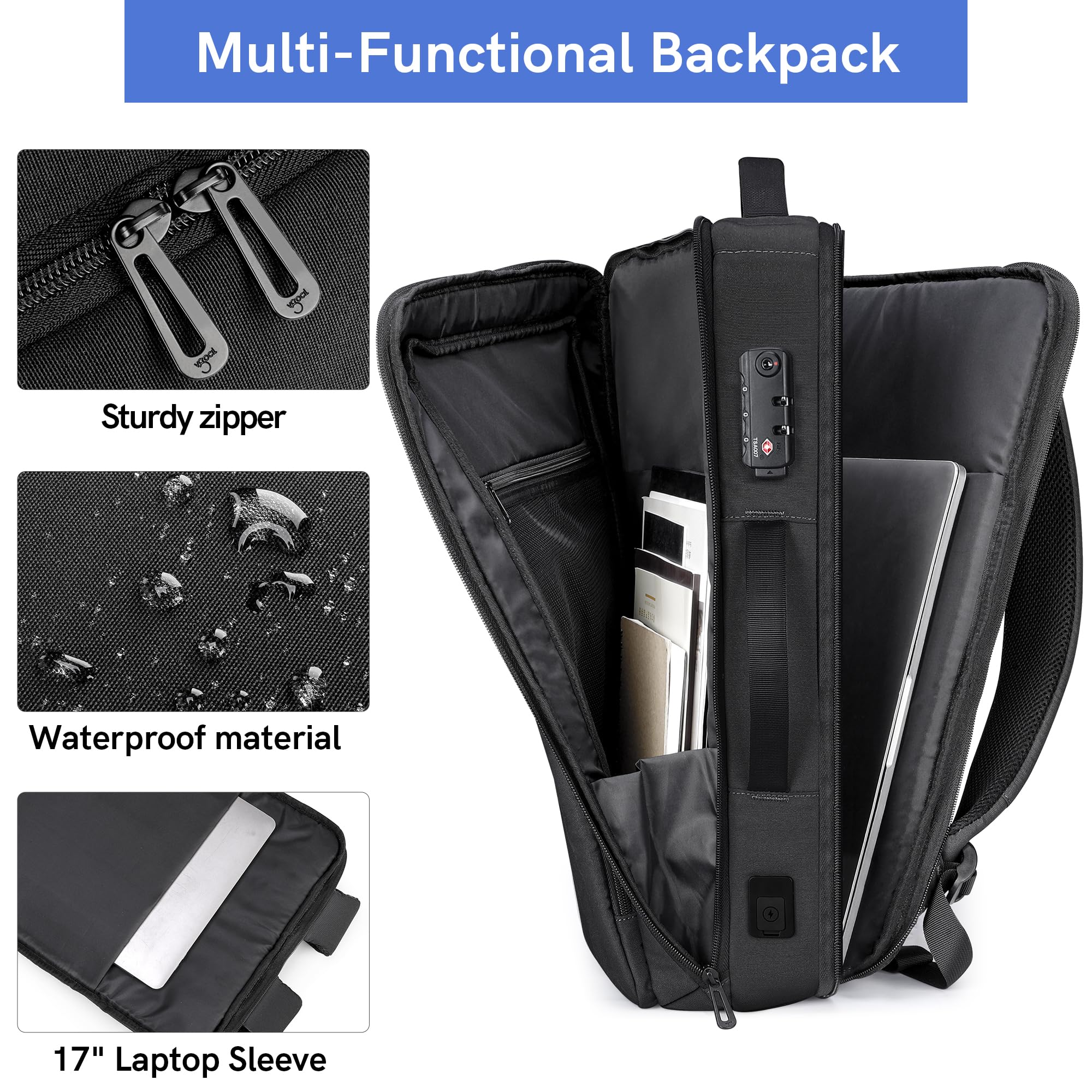 VGOAL 3 in 1 Laptop Backpack, 17.3 Inch Computer Bag Travel Casual Daypack Hiking Backpacks Lightweight Waterproof Backpack with USB Port for Men and Women (BLACK)