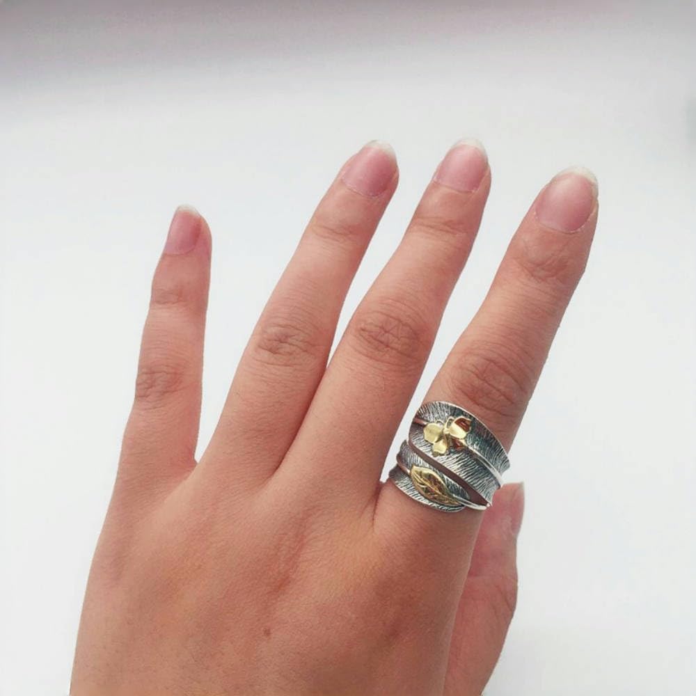 Two Tone 925 Sterling Silver Feather Ring with Golden Butterfly Leaf for Women Men Open Adjustable
