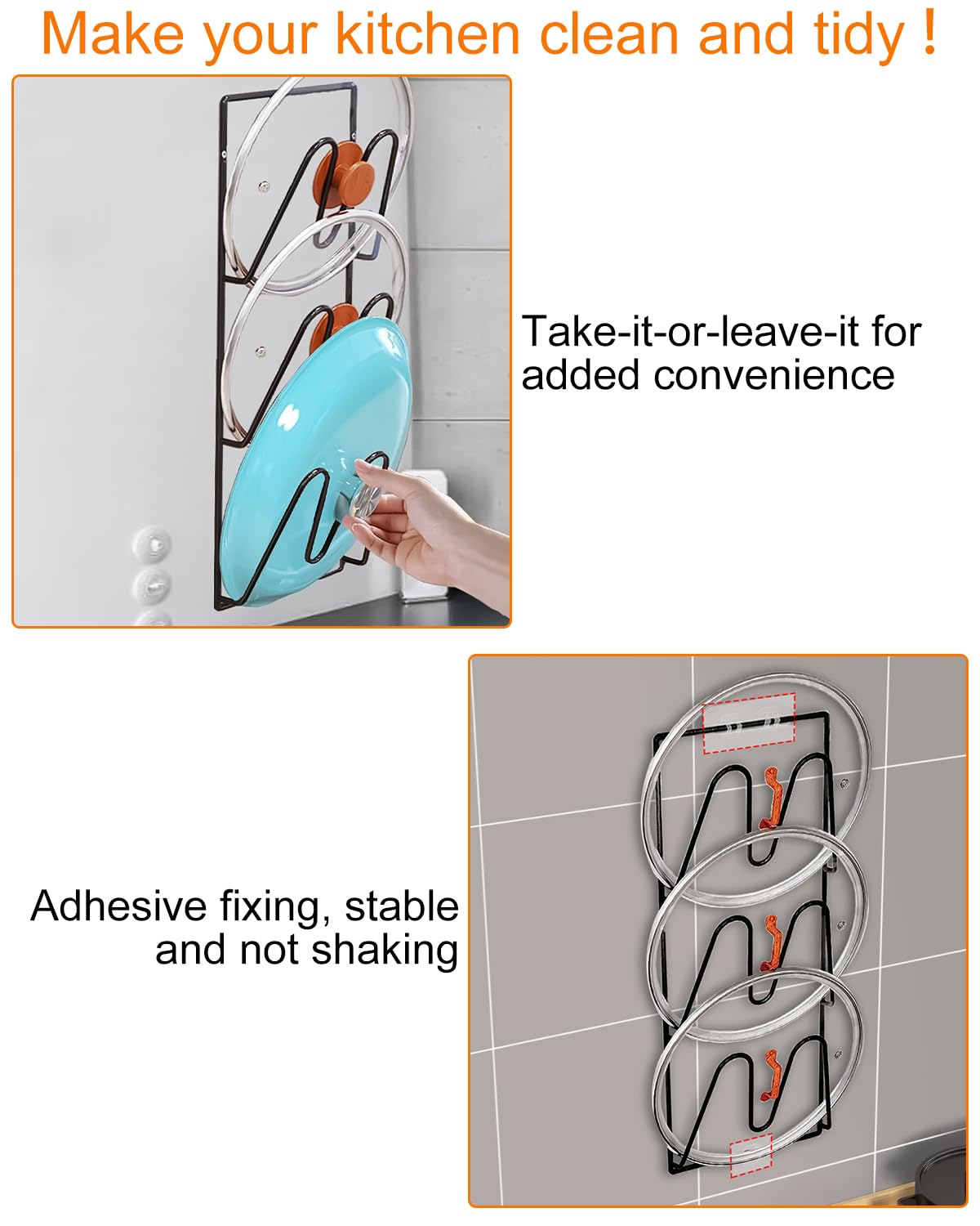 Whtawtaw 2 Pack Iron Pot Lid Organizer Rack, 6-Tier V-Wall Pot Lid Holder, Rust Resistant, Black