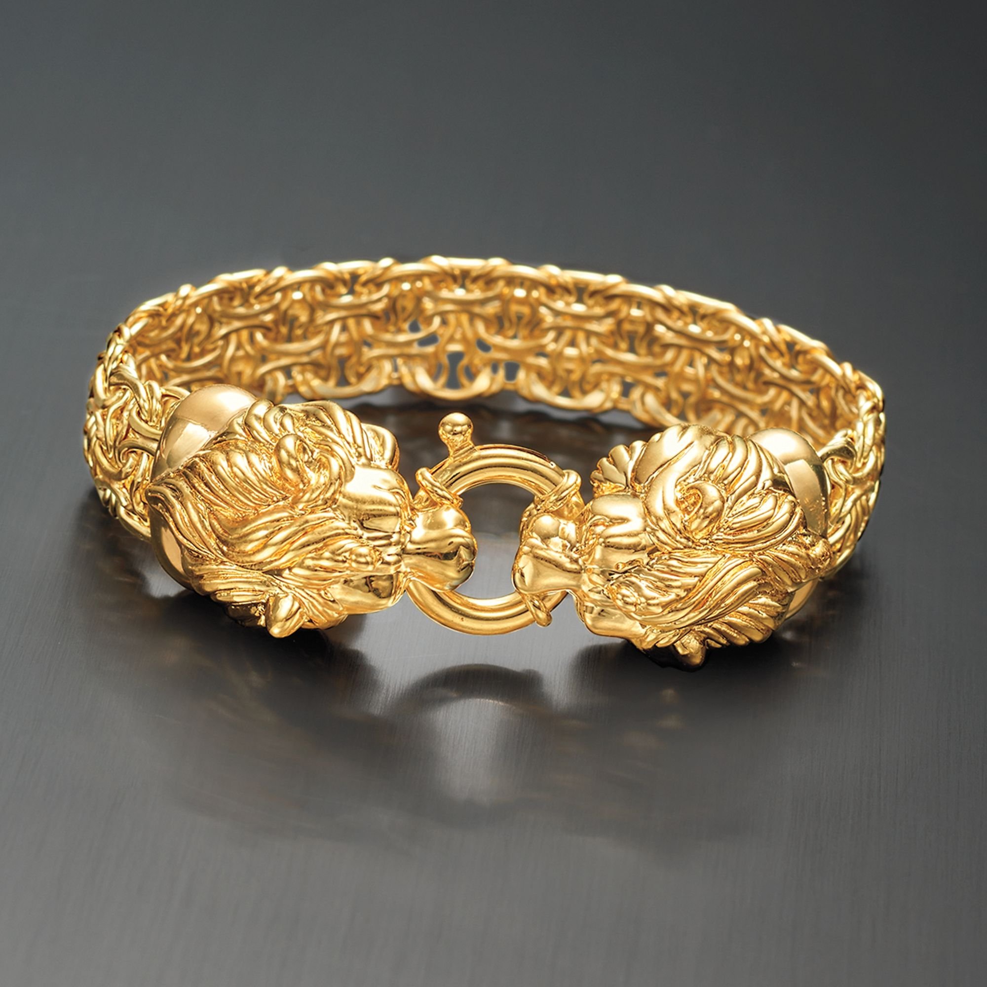 Ross-Simons Italian 14kt Yellow Gold Double Lion Head Byzantine Bracelet. 7 inches